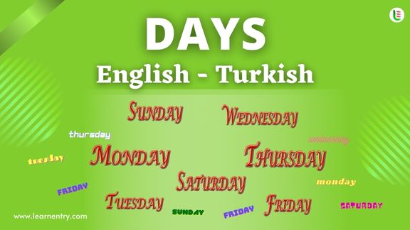 Days names in Turkish and English - Common Turkish Vocabulary